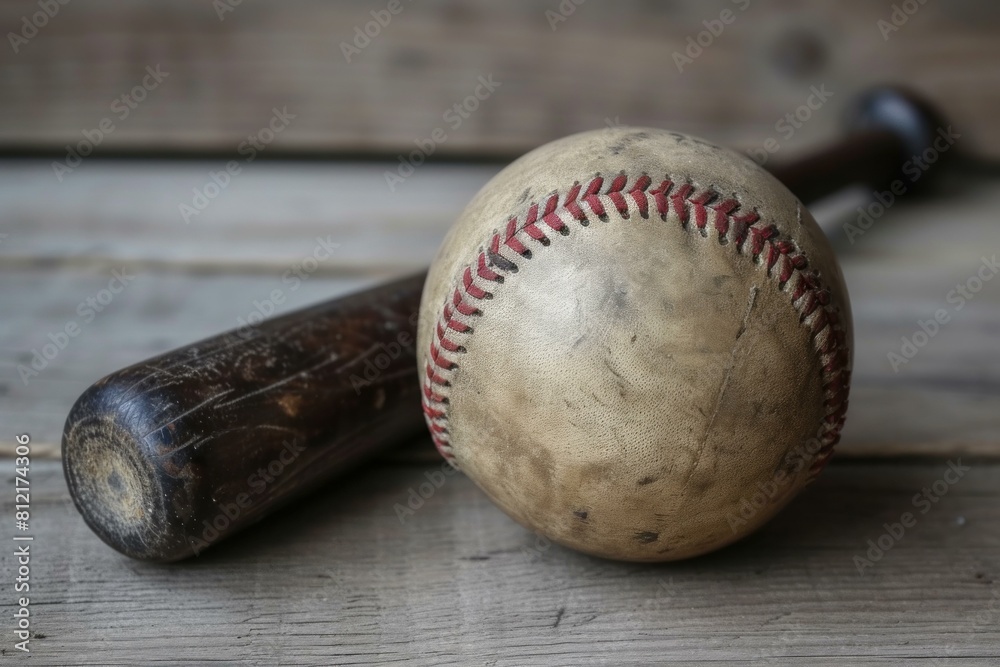 Old, worn baseball and bat with red stitching on rustic wood planks ...