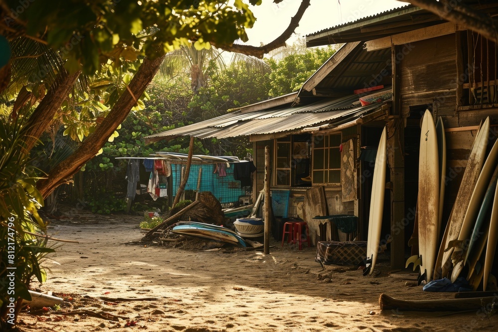 Surfer's beach shack with surfboards strewn all around, Surfer's beach ...