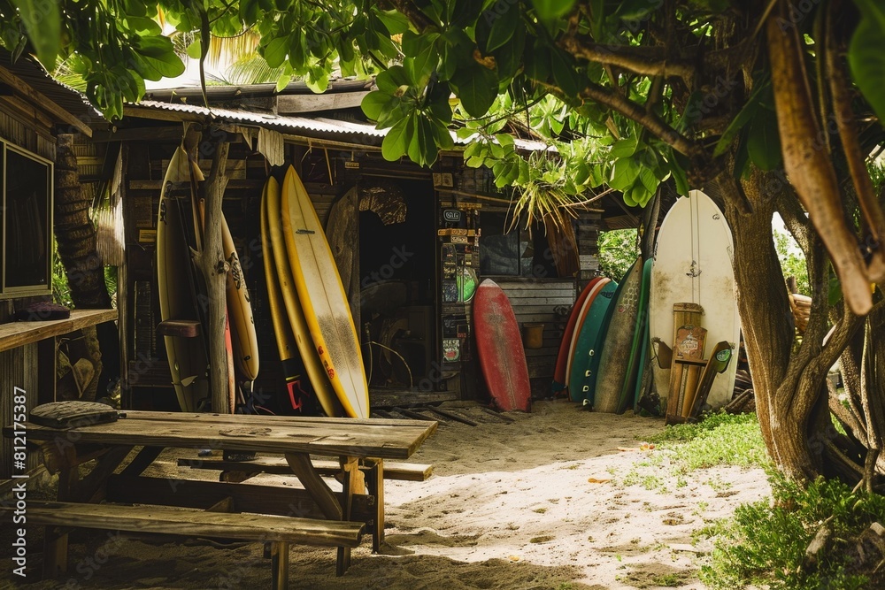 Surfer's beach shack with surfboards strewn all around, Surfer's beach ...