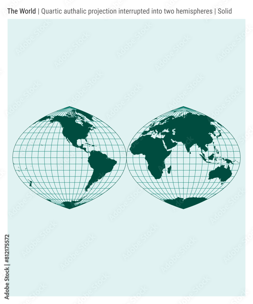 World Map. Quartic authalic projection interrupted into two hemispheres ...