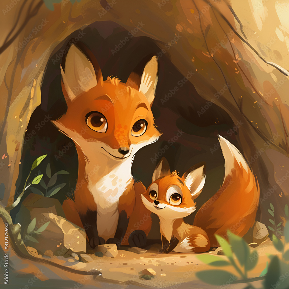 A little fox cub, joey, whelp, hatchling plays with its mother fox ...