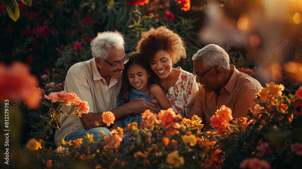 Four generations of family members posing together in a blooming flower ...