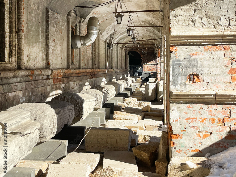 Moscow, Russia, March, 03, 2024. Fragments of slabs with ancient ...