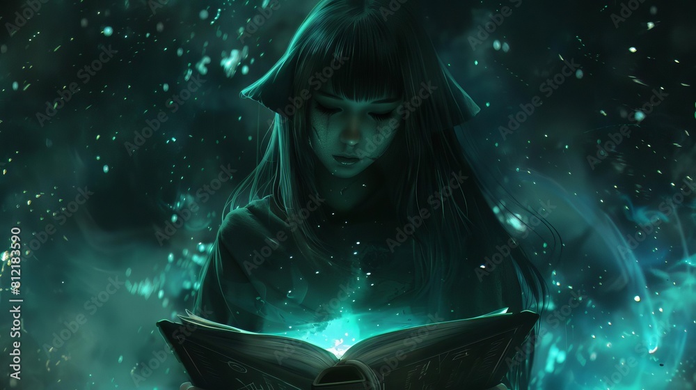 futuristic anime girl reading ancient cursed spell book digital art ...