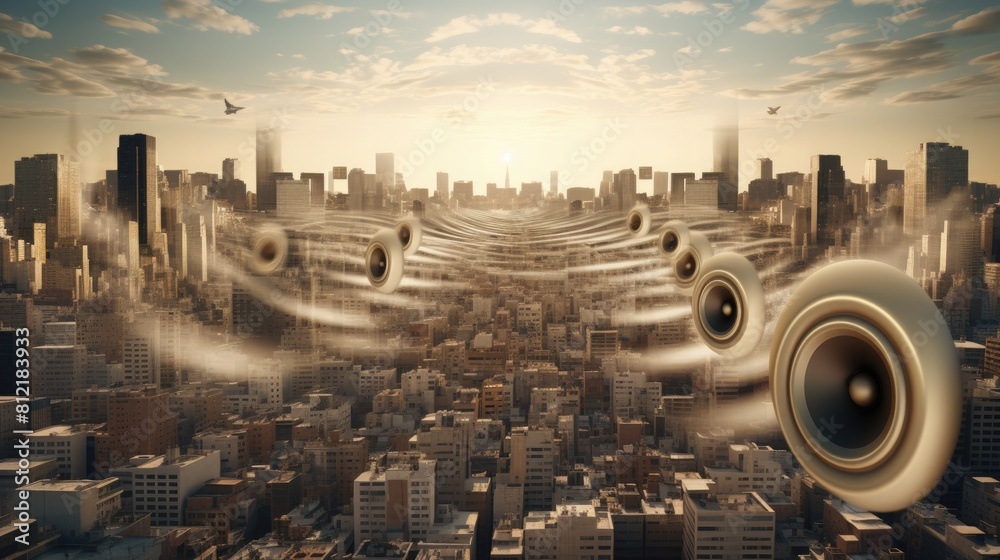 City noise pollution concept. Speakers and sound waves over the city ...