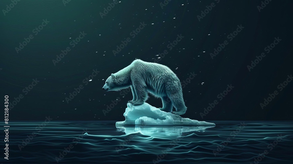 global warming concept lone polar bear on small iceberg in dark arctic ...