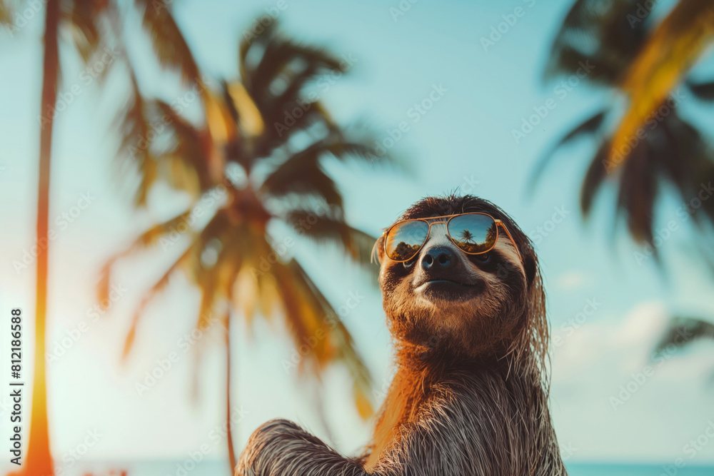 Adventure. A sloth with sunglasses lounges on the beach under a palm ...