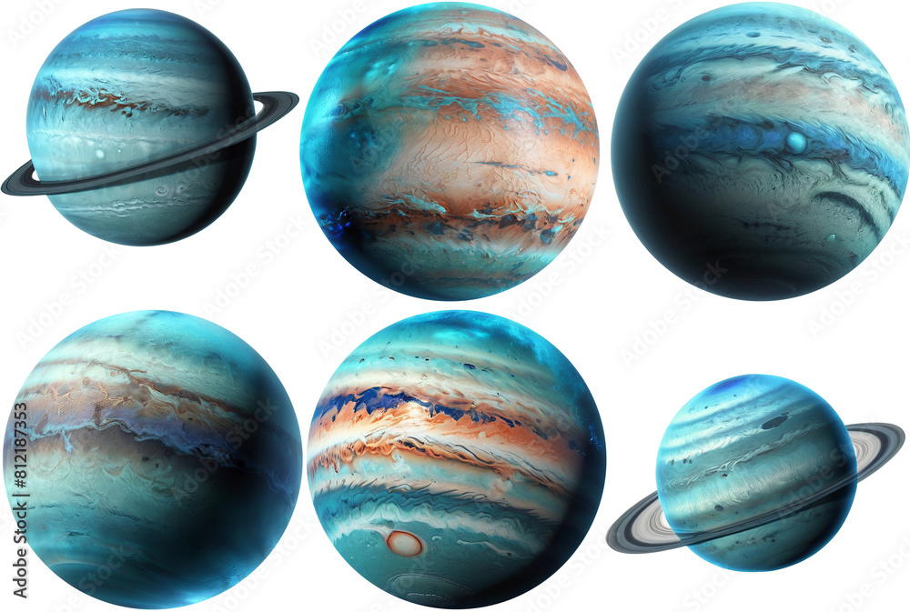 Set of fantasy planets isolated on transparent background. A blue ...