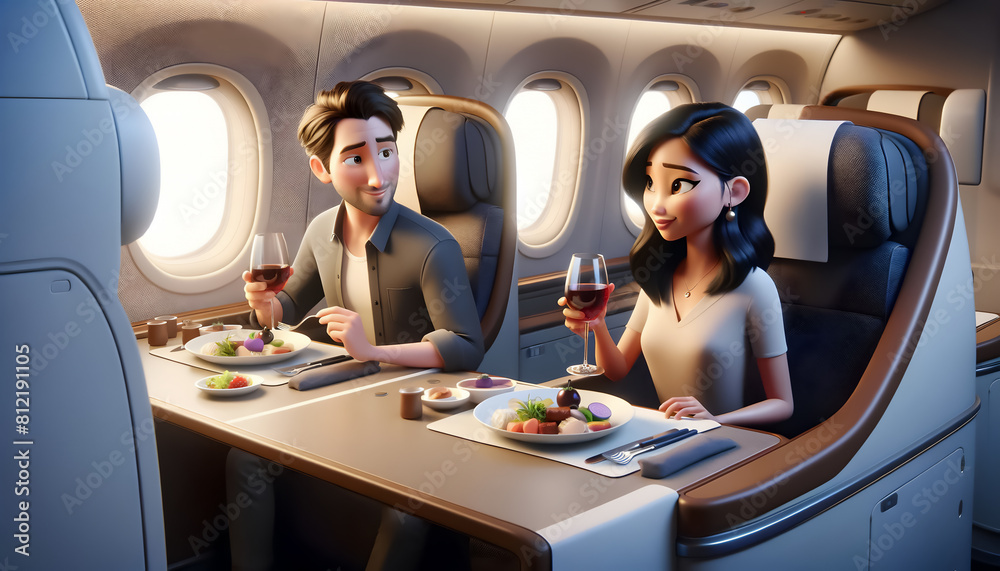 3D Avatar: Young Couple Dining in First Class Cabin of Airplane, First ...