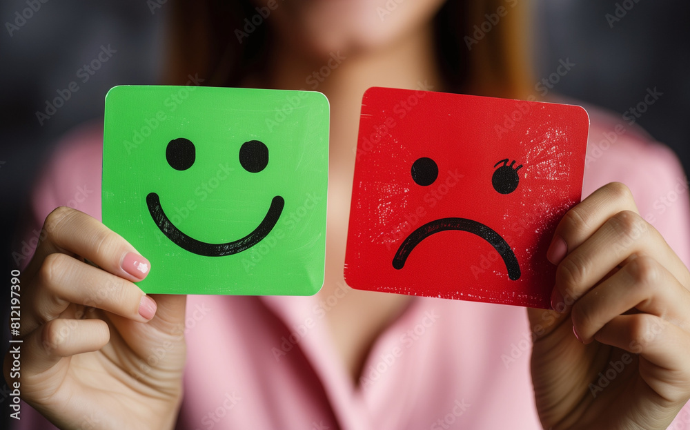 Woman Hands holding sad face and smiley face, bipolar and depression ...