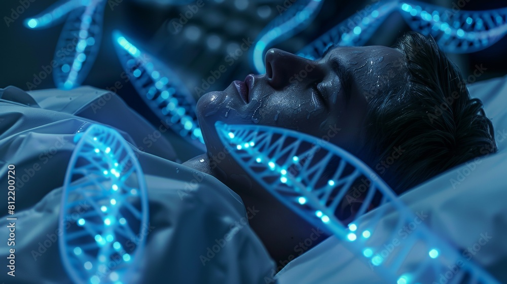 Futuristic depiction of a man sleeping surrounded by glowing DNA ...