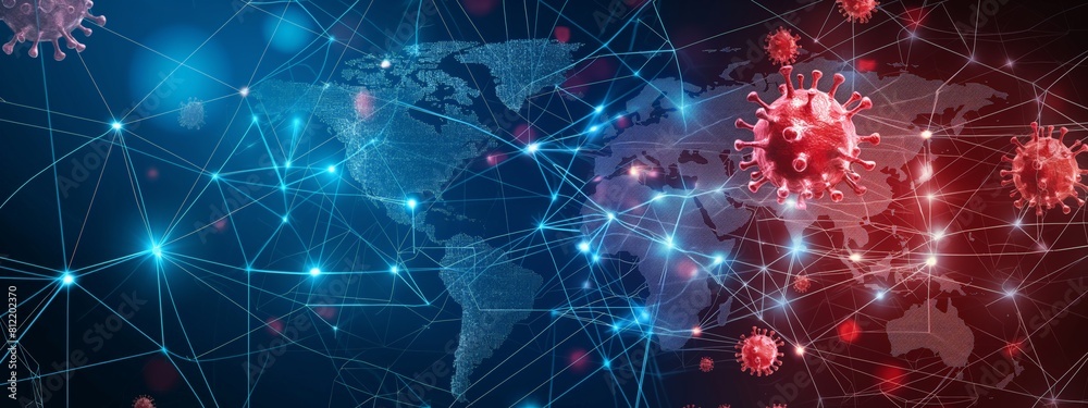 Dynamic digital world map with glowing network connections and virus ...
