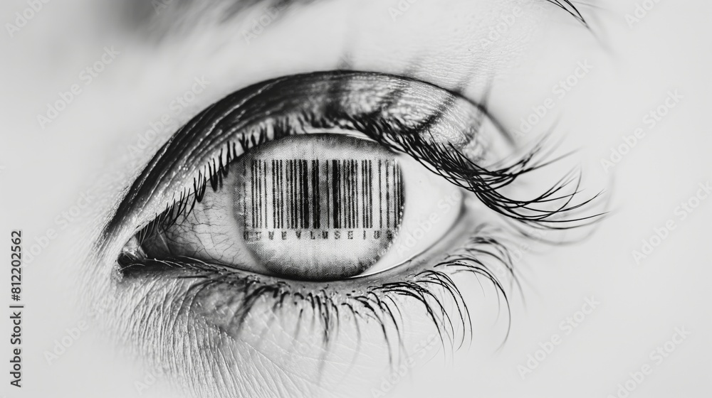 Close-up of an eye with a barcode reflected in the iris, conveying ...