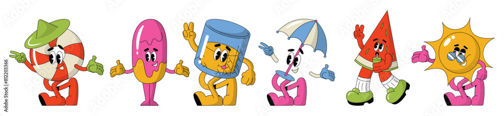 Retro cartoon walking smiled summer vintage groovy characters design ...