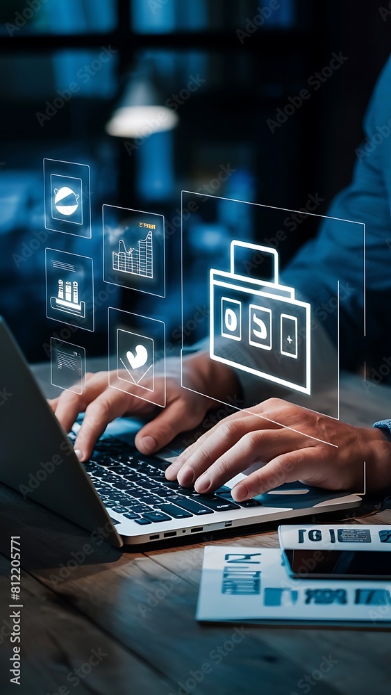 Futuristic Holographic Keyboard, Virtual Data Innovation, Hands typing on futuristic holographic ...