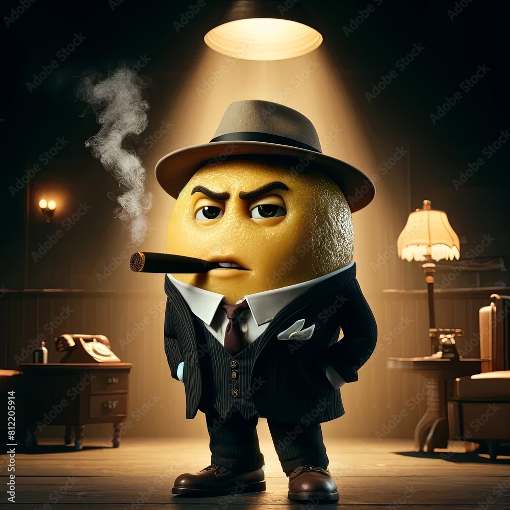 Poster A cartoon lemon character in 'The Godfather' setting, dressed in ...