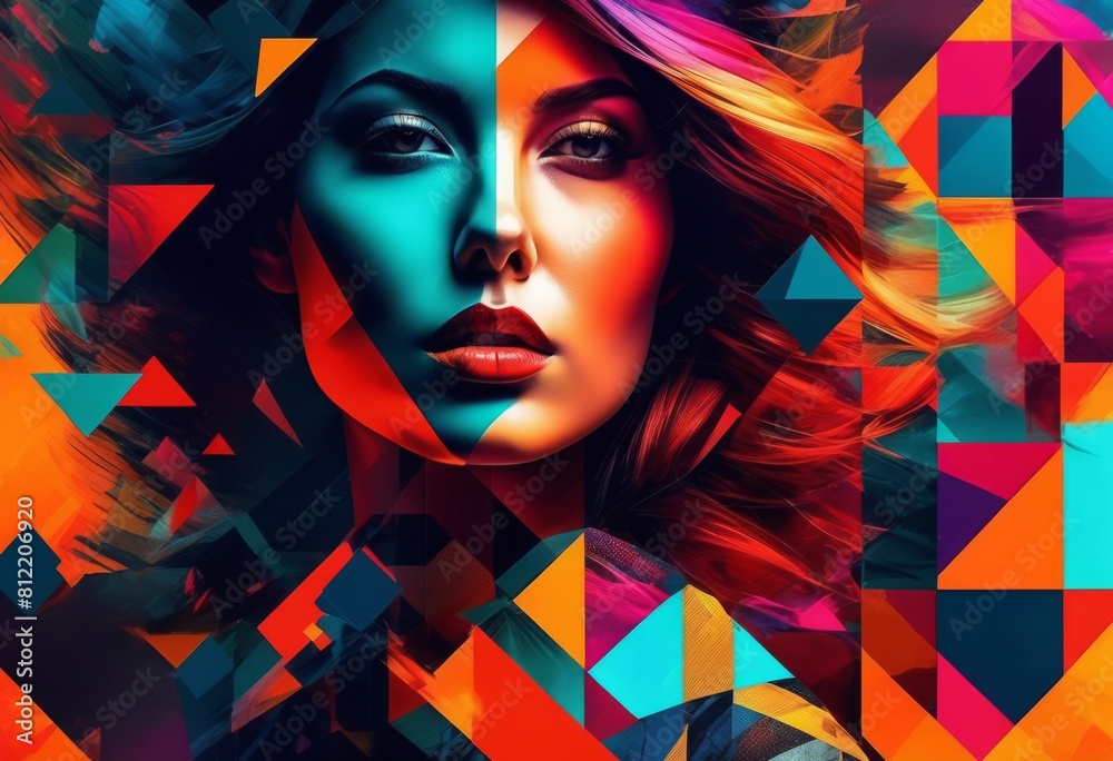 illustration, abstract double exposure portraits geometric shapes ...