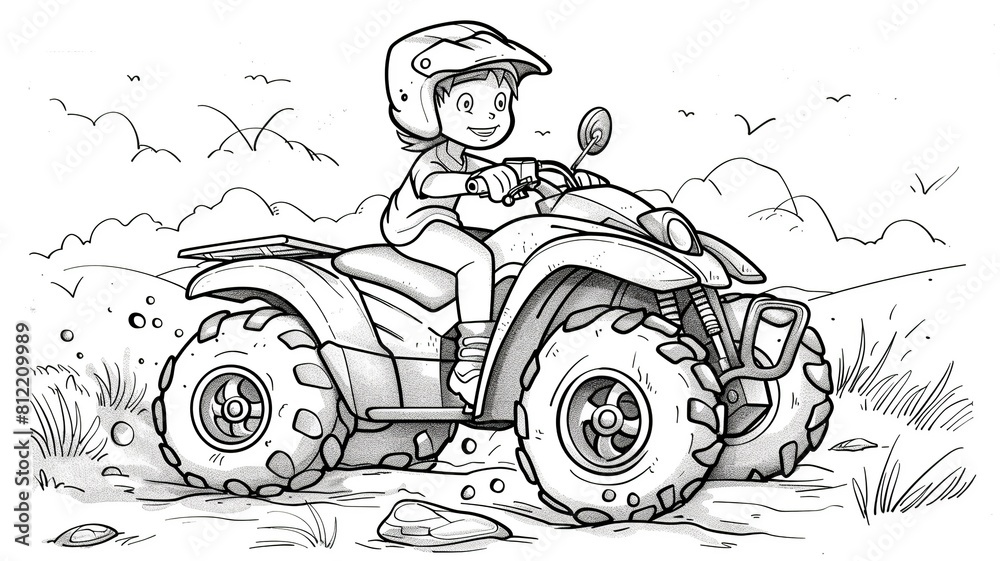 A simple outline drawing of a cartoon quad bike with chunky tires ...