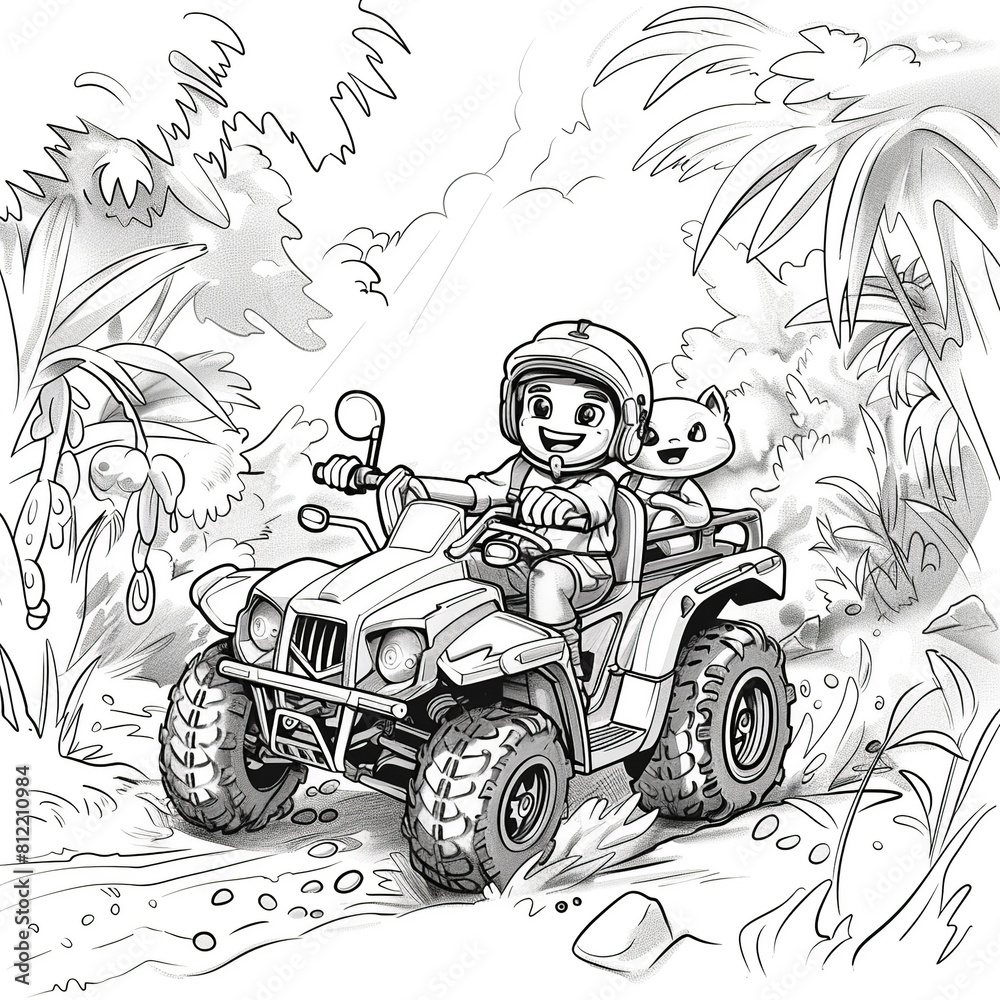 A simple outline drawing of a cartoon quad bike with chunky tires ...