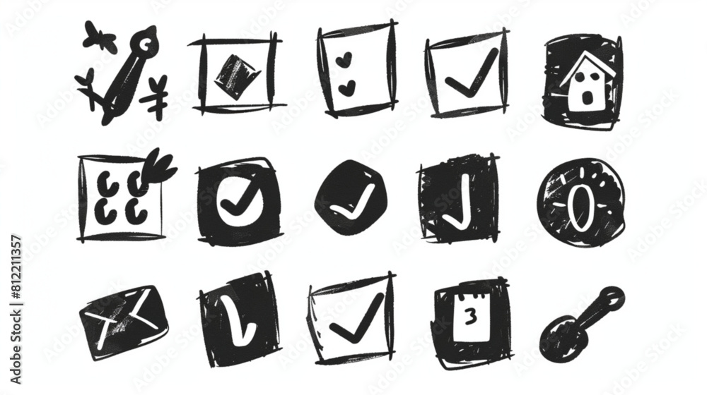 Vetor de Doodle check marks. Hand drawn symbols for checking and voting, task list checkbox with ...