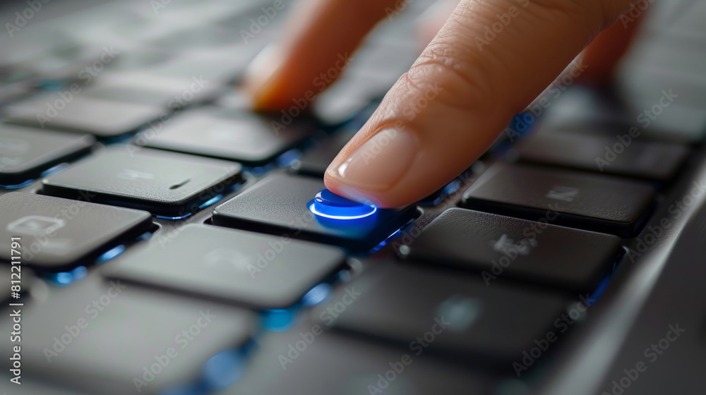 Computer, keyboard and finger on button with information technology for ...