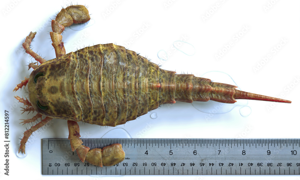 A 3D illustration Eurypterus Remipes up-close with a ruler for scale ...