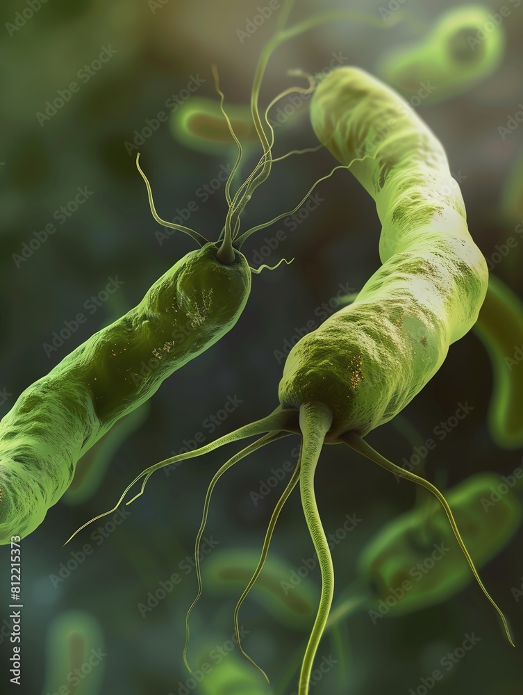 This is a 3D rendering of the bacteria Helicobacter pylori which causes ...