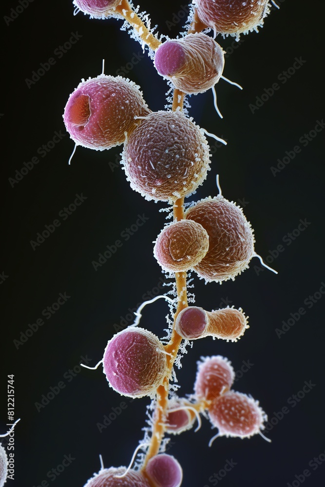 The image shows a scanning electron micrograph of a chain of yeast ...
