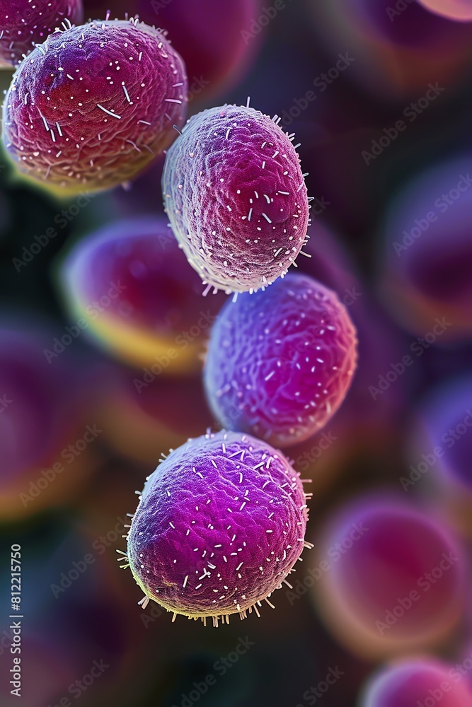 The image shows a scanning electron micrograph of a chain of yeast ...