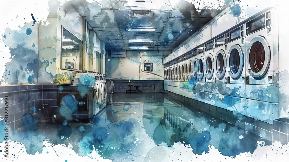 Public laundromat with washing machines. High-tech laundry facility ...
