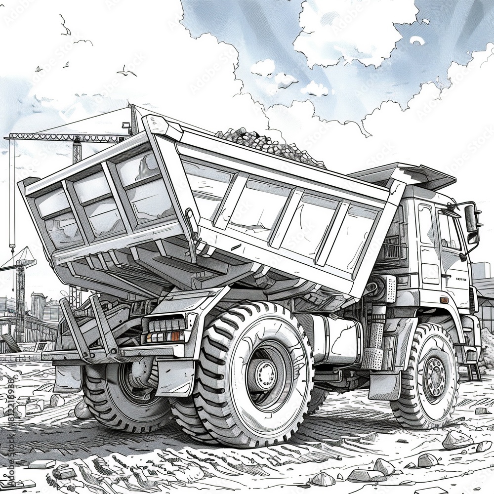 A simple outline drawing of a cartoon truck with big wheels, driven by ...