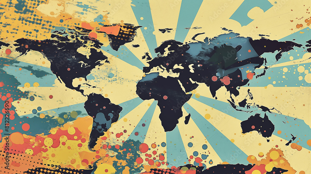 Pop art comic vintage map of the World poster. Colorful background in ...