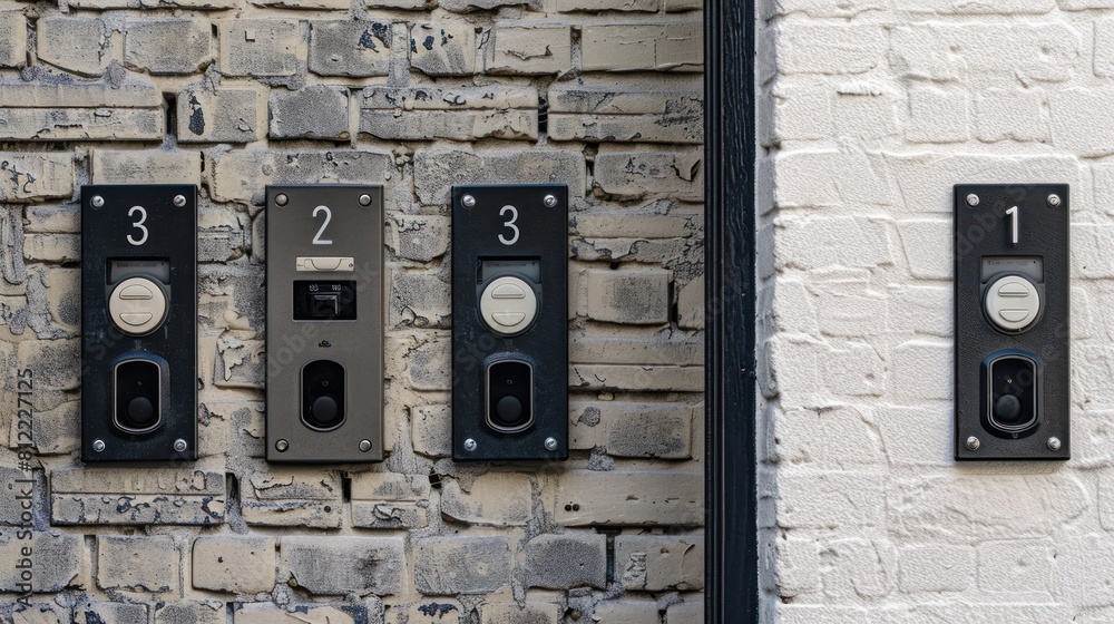 Three intercom on white textured brick wall, Close up. Apartment ...