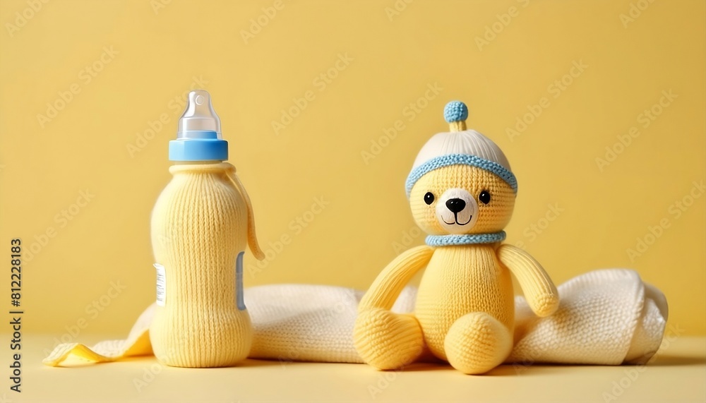 Cute baby product banner, knitted toy and baby bottle laying on tender ...