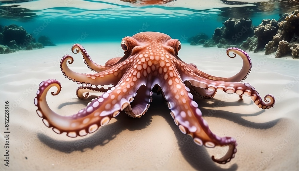 Underwater panoramic view of a swimming octopus on the sand of a ...