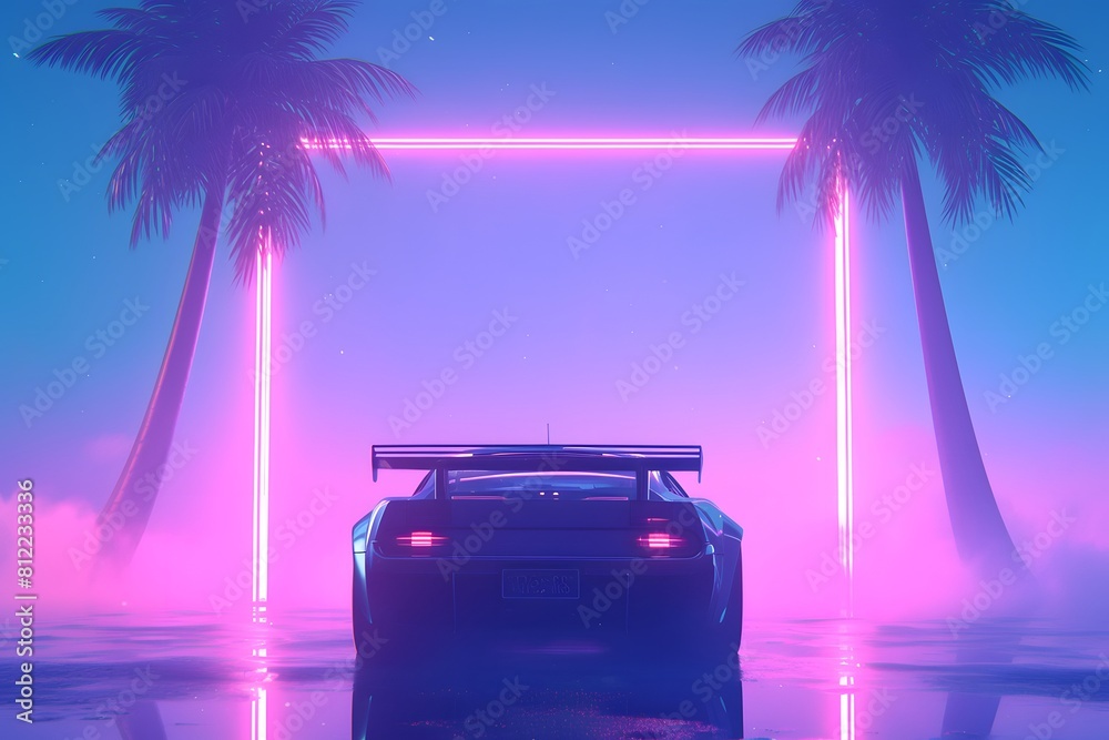 Black car parked in a neon-lit tropical scene with palm trees. Retro ...