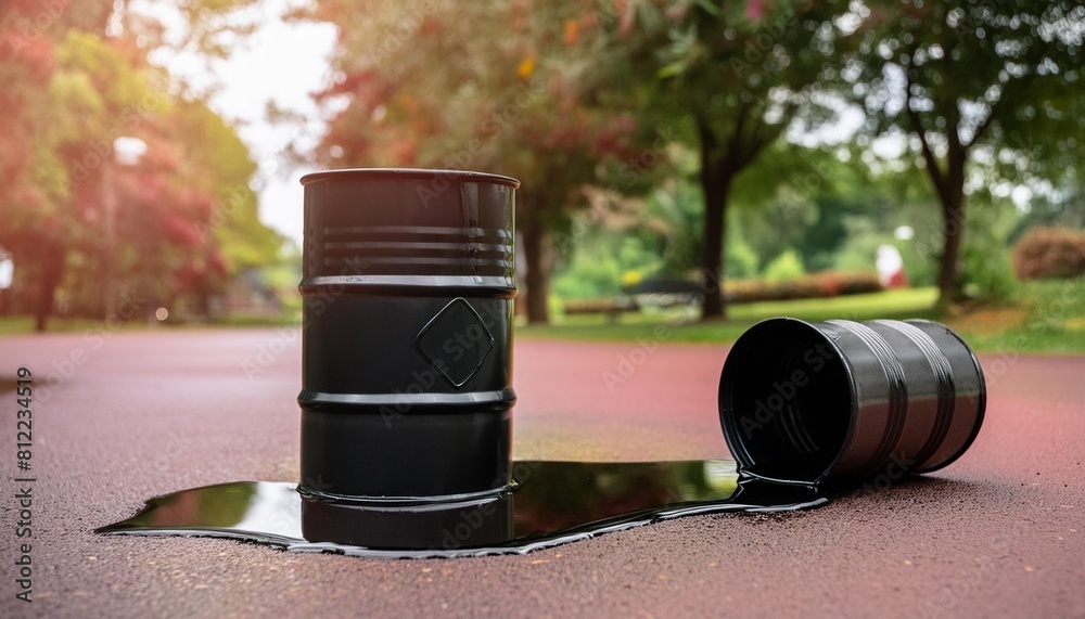 black crude oil barrel and reflective oil spill with a dark park blur ...