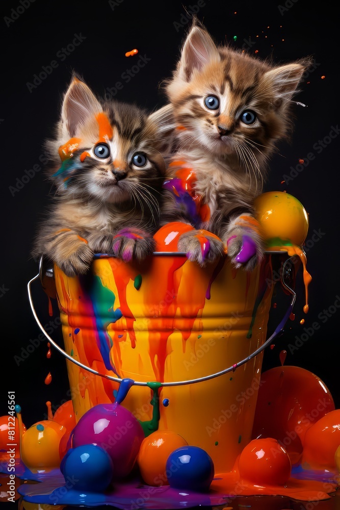 Two adorable kittens in a colorful bucket,dripping paint, dark amber ...