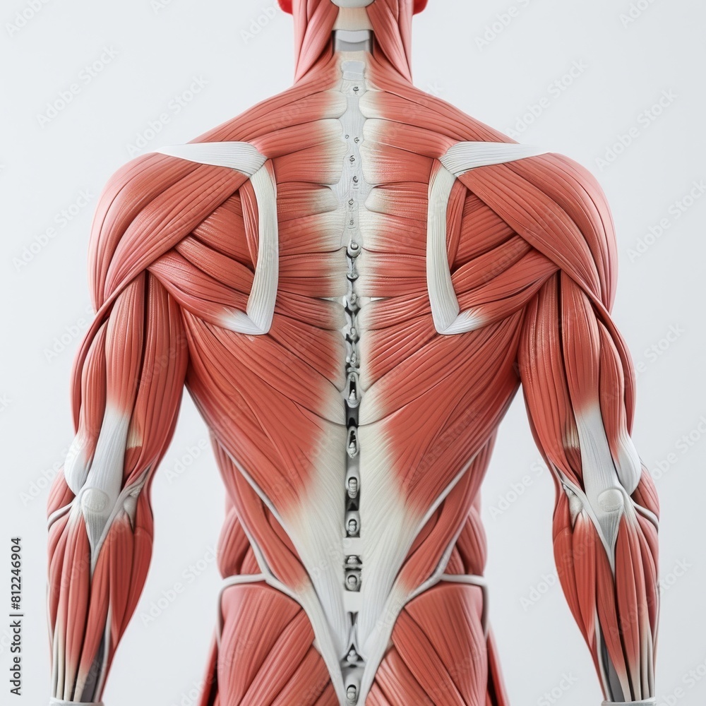 3D realistic illustration of the back muscular system on a white ...