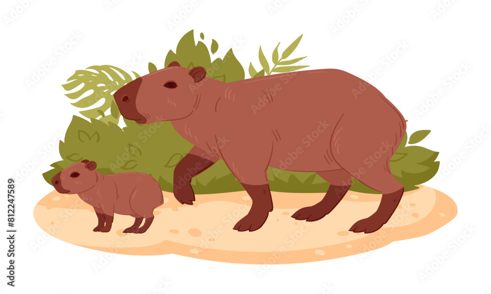 Cartoon capybara with baby. Capybara mom and cute little baby, wild ...