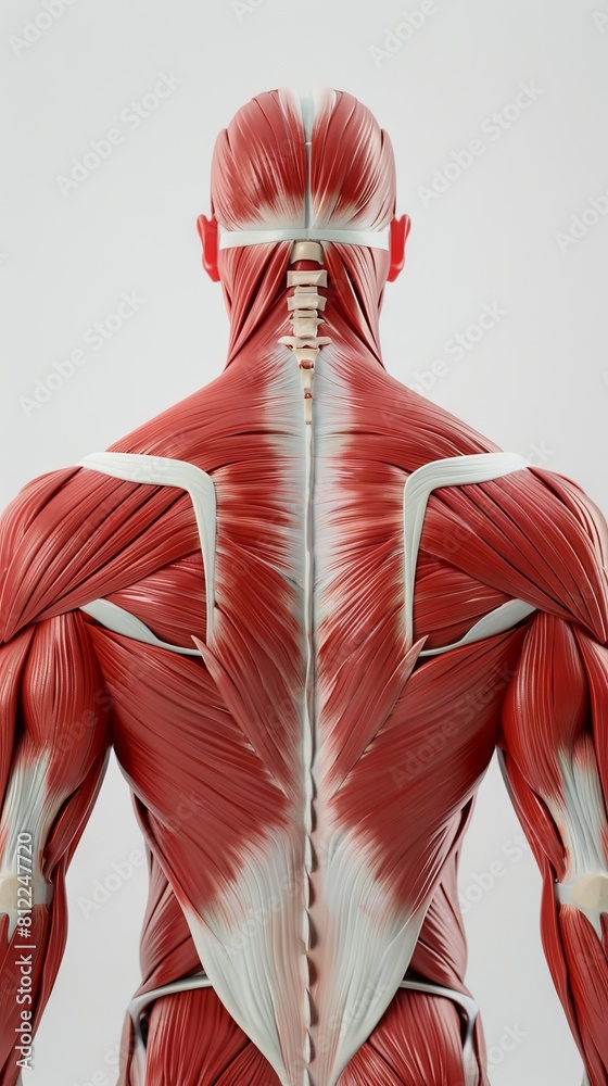 3D realistic illustration of the back muscular system on a white ...