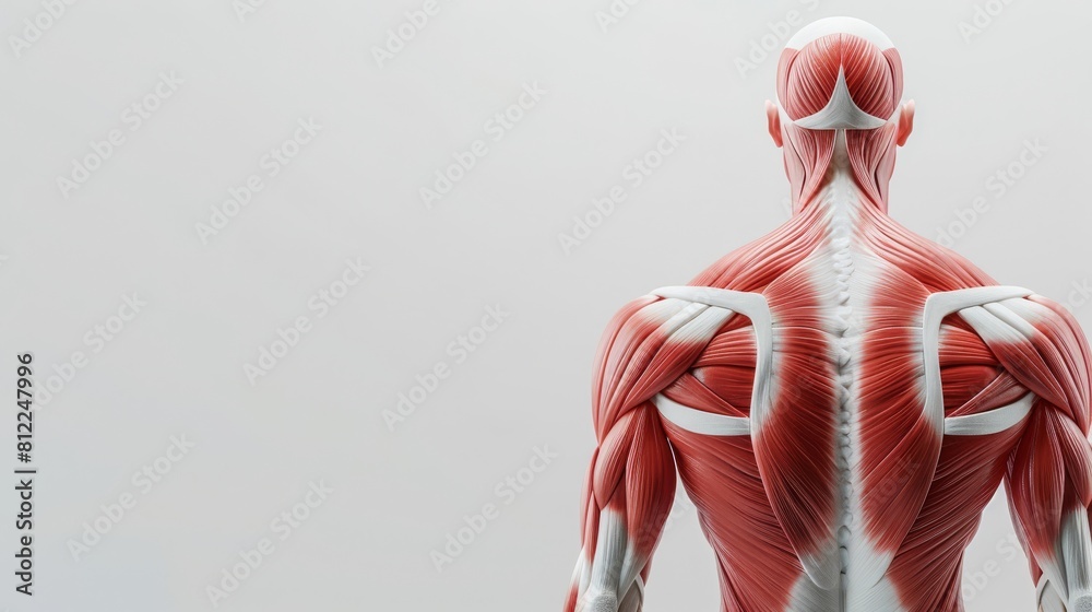 3D realistic illustration of the back muscular system on a white ...