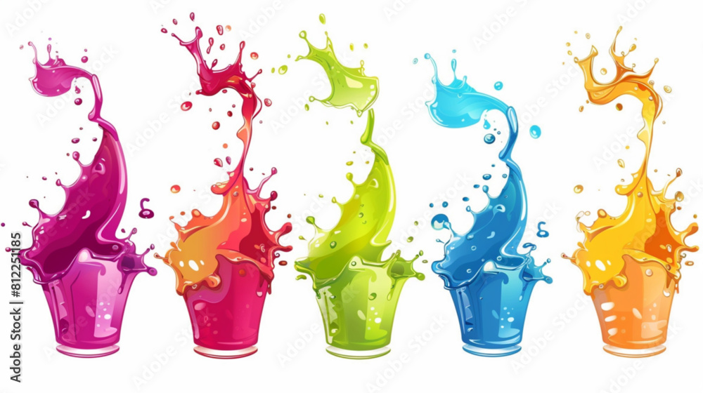 Juice splatter and splashes. Cartoon colorful squirt liquid. Abstract ...