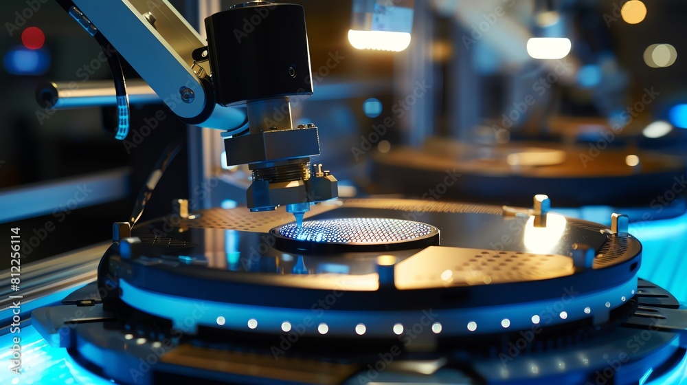 Show a closeup of a wafer being placed into an inspection system by ...