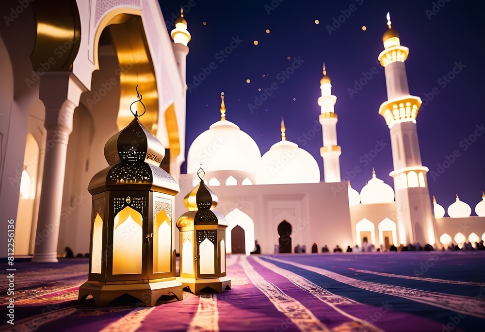 Eid mubarak theme with islamic lantern lights of matellic colours along ...