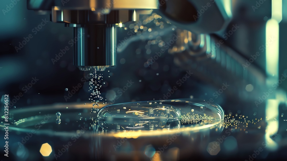 Depict a closeup of the ALD equipment s nozzle releasing atoms onto a ...