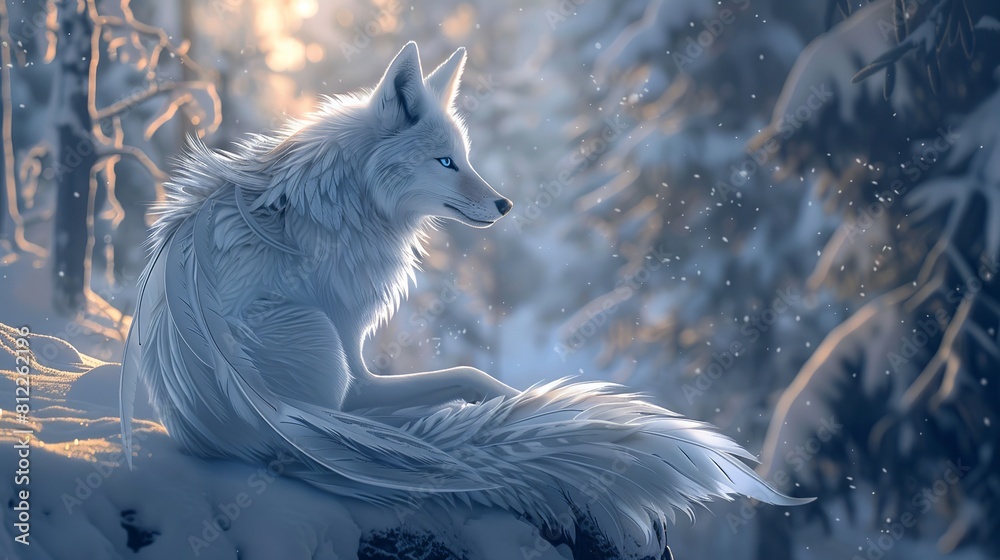 white wolf with long feathers in her tail and a narrow fox muzzle, with ...