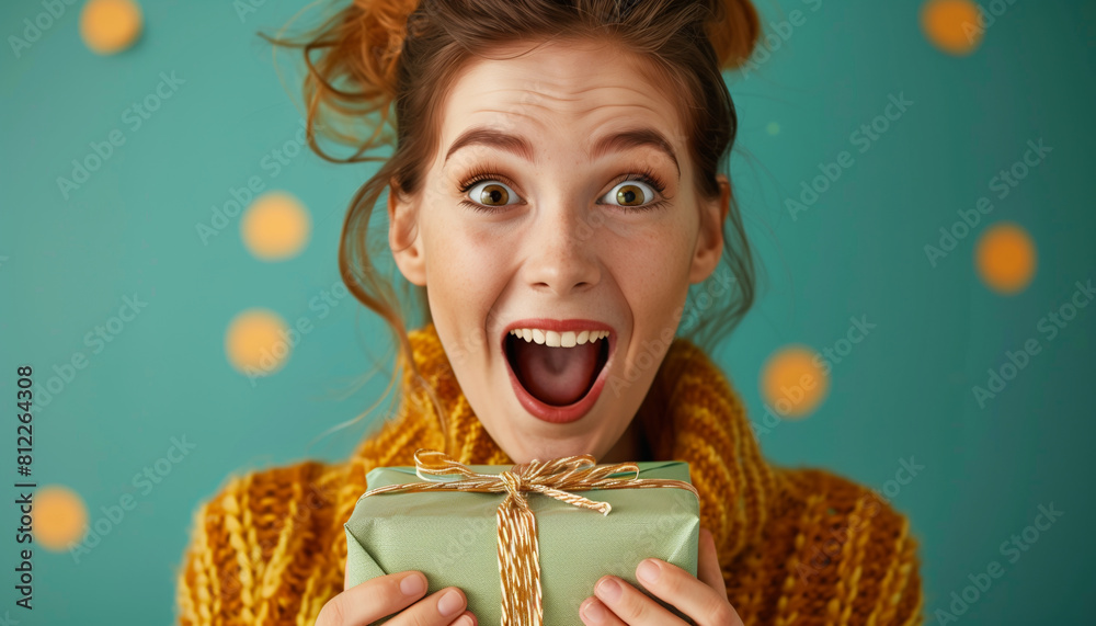 Exciting Surprise Concept: Young Woman in Shock Receiving a Gift with ...