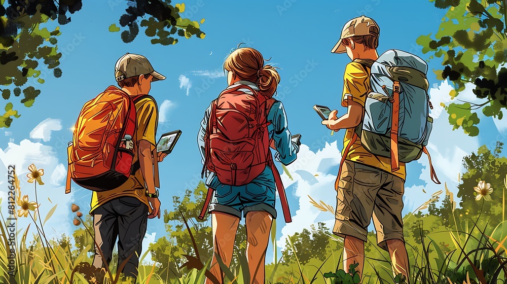 Lively depiction of children hiking in a forest, one holding a cell ...