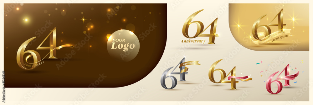 64th anniversary logotype modern gold number with shiny ribbon ...